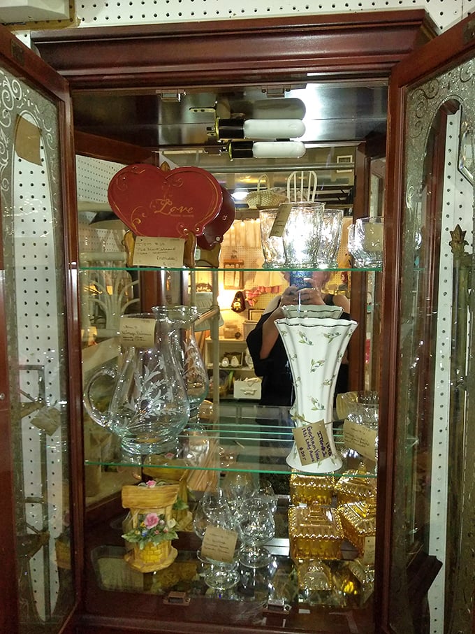 Crystal and porcelain treasures behind glass &ndash; the fancy stuff your mother only used when company came over. That heart-shaped dish screams "Valentine's Day 1975."