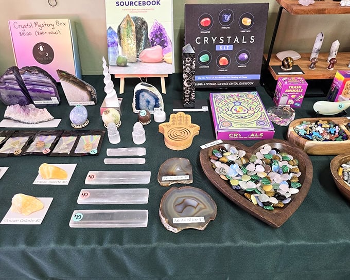 Crystals and stones sparkle invitingly, proving that spiritual enlightenment can indeed come with a bargain price tag attached.