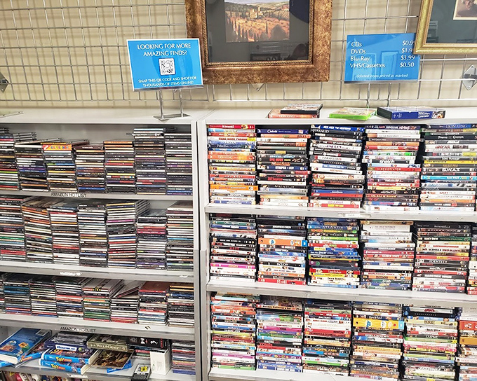 DVD shelves: the physical Netflix of yesteryear. Every forgotten rom-com and action thriller waits patiently for movie night at a fraction of streaming costs.