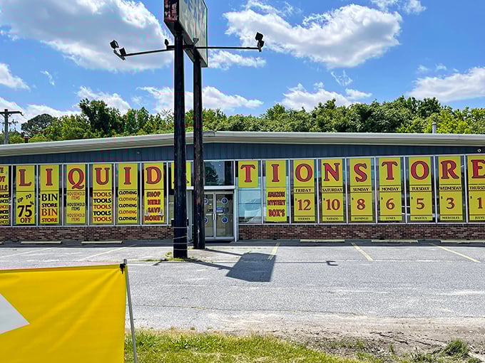 This liquidation store's vibrant yellow signage practically shouts "BARGAINS INSIDE!" with the enthusiasm of a game show host revealing the grand prize.