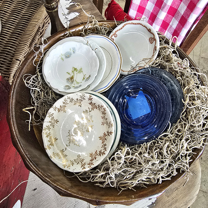 These vintage plates and bowls in a basket prove Grandma's china collection might actually be worth keeping after all.