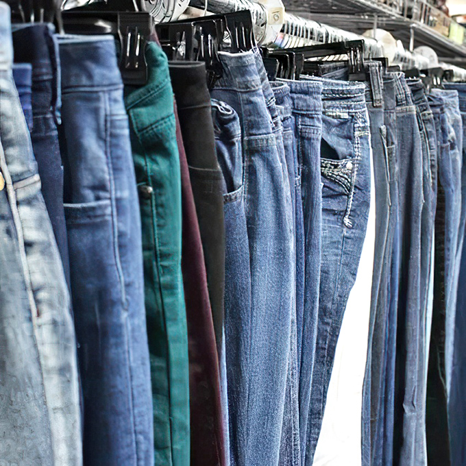 The denim rainbow at ABLE offers every wash imaginable&mdash;from barely-blue to midnight-dark&mdash;proving that perfect jeans are a thrift store treasure hunt.