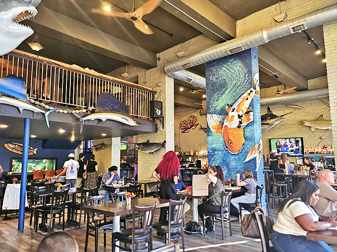 The dining room buzzes with the sound of happy eaters. That koi mural isn't just art&mdash;it's practically the restaurant's unofficial mascot.