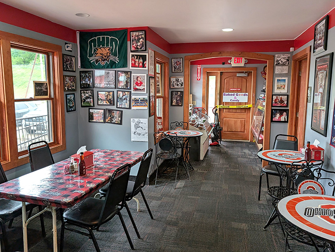 Ohio State memorabilia transforms this dining area into a scarlet and gray shrine where Buckeye fans can worship at the altar of good food.