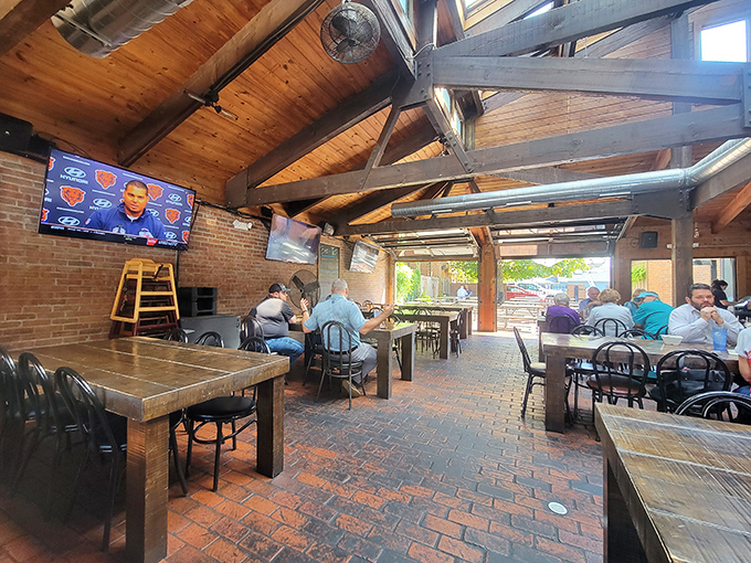 The dining area feels like your coolest friend's basement&mdash;if that friend had exceptional taste in wood beams and brick walls.