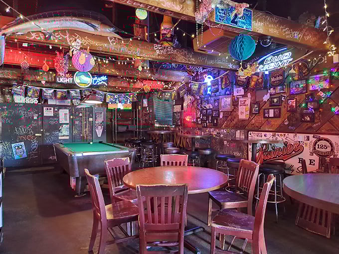 Tables that have supported more elbows and great conversations than a therapist's office. The dining room feels like a friend's basement&mdash;if your friend was cool.