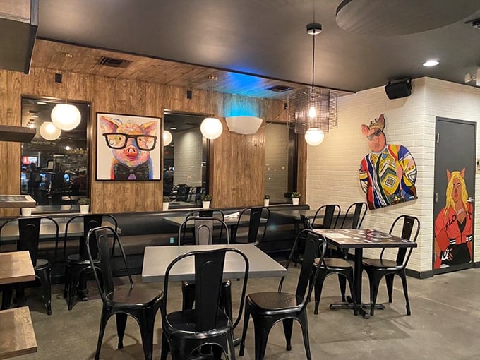 Quirky pig art watches over diners enjoying their feast&mdash;even the decor has personality at this joint.