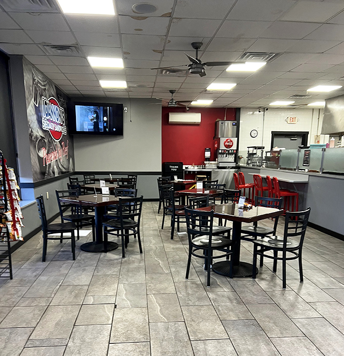 Simple tables, practical chairs, and a TV in the corner &ndash; the stage is set for the real star: what's about to arrive on your plate.