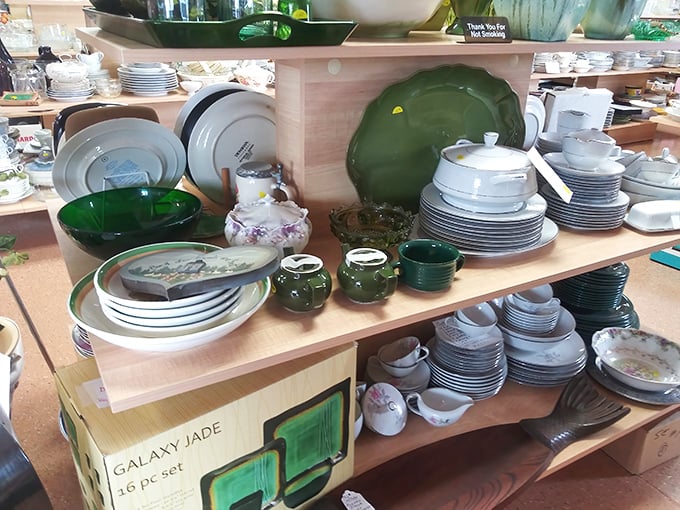 Dishes arranged like a grandmother's china cabinet exploded in the best possible way, jade and porcelain mingling democratically.