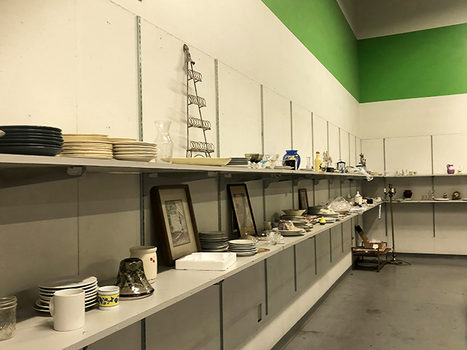 The dishware section: where incomplete sets and orphaned plates find new purpose. One person's mismatched collection is another's "eclectic tablescape."