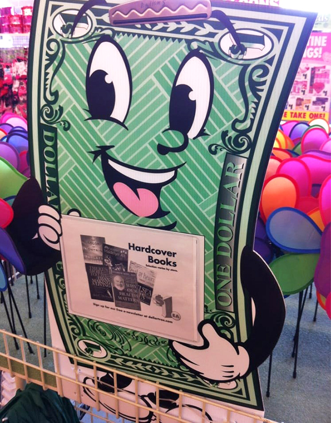 The smiling dollar mascot greets shoppers with cartoonish glee. If currency could talk, this bill would be your cheerful shopping companion.