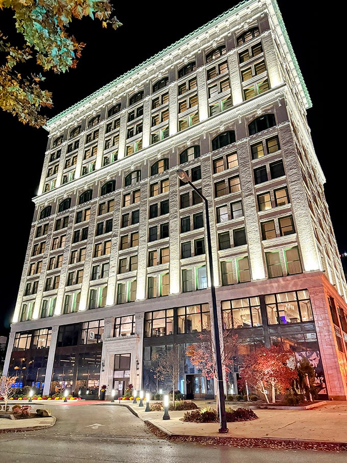 By night, Youngstown's historic buildings transform into illuminated works of art, proving this city knows how to dress up for evening.
