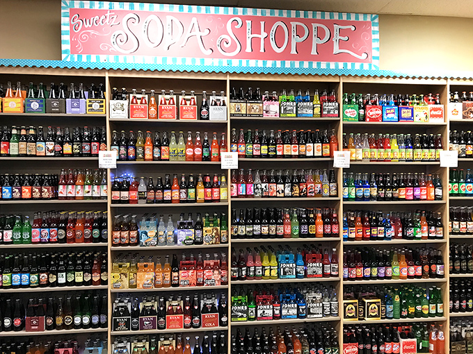 The soda shoppe display turns simple beverages into liquid nostalgia, one colorful bottle at a time.