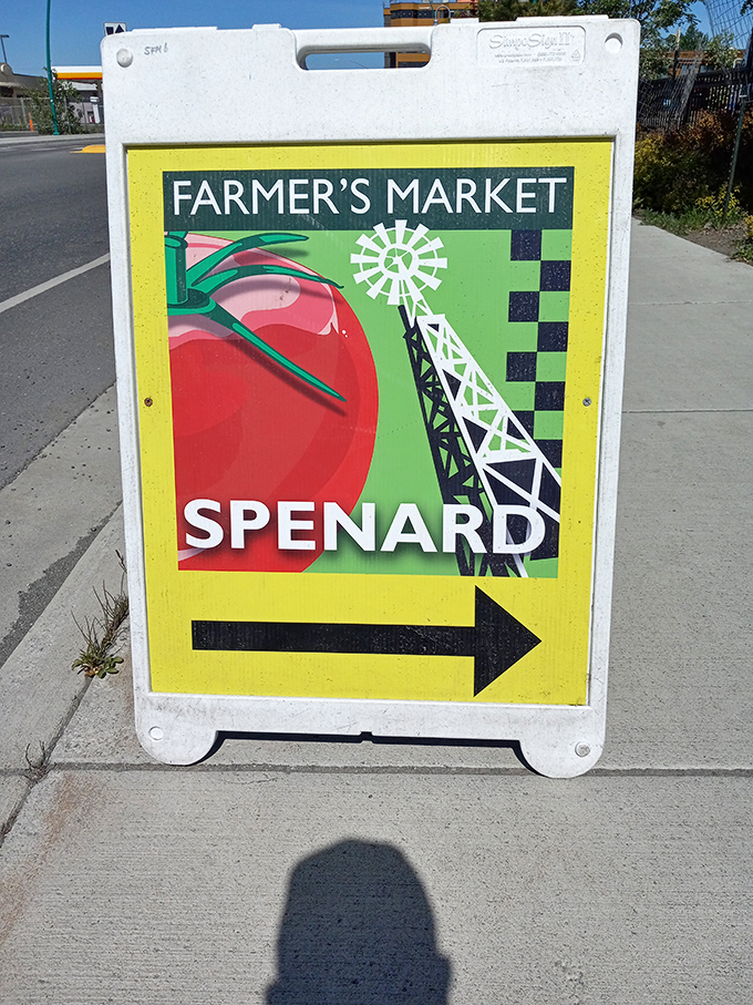 The sign that points to Saturday morning happiness. Follow the arrow to where Anchorage's food scene truly begins.