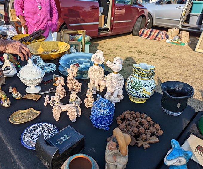 Whimsical figurines and pottery creatures stand at attention, silently campaigning to become your next impulse purchase.
