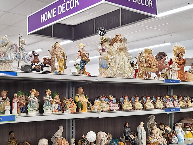 Porcelain figurines stand in silent formation, like an army of grandmotherly collectibles awaiting deployment.