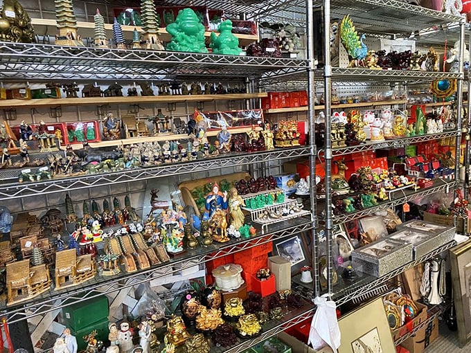 A treasure trove of figurines where Buddha meets garden gnome in a cross-cultural celebration of "things that collect dust beautifully."