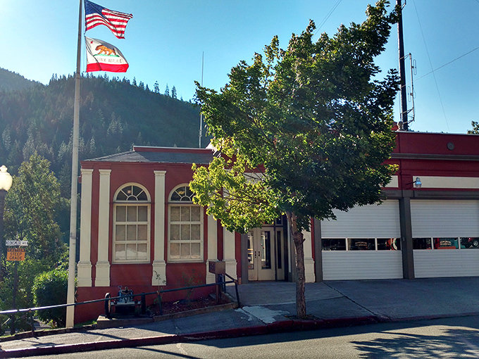 Dunsmuir's fire station stands ready beneath California's blue sky, a reassuring presence in a town where community still means something.
