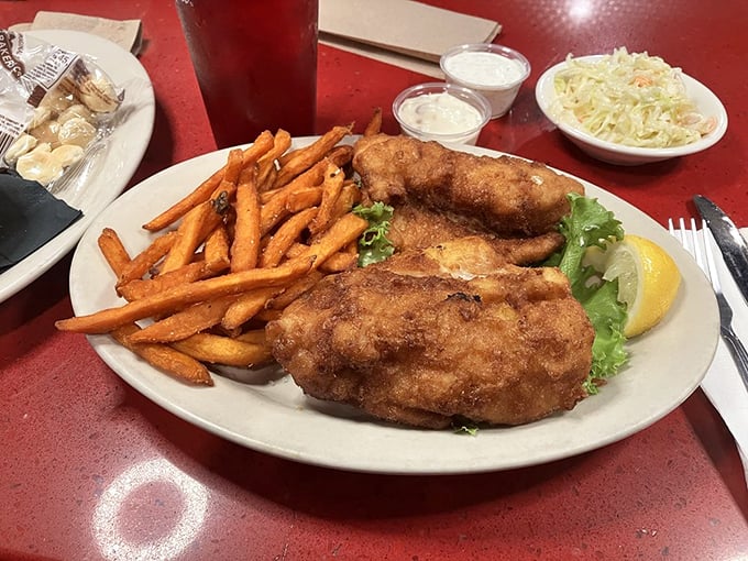 Fish and chips with sweet potato fries for the win. Golden-battered perfection that would make the British jealous of New Hampshire.