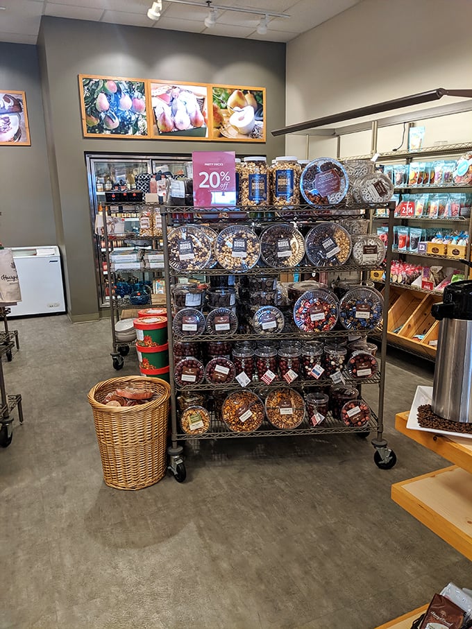 Snack heaven with wheels! This movable feast of treats stands ready to refuel shoppers between bargain hunting expeditions.