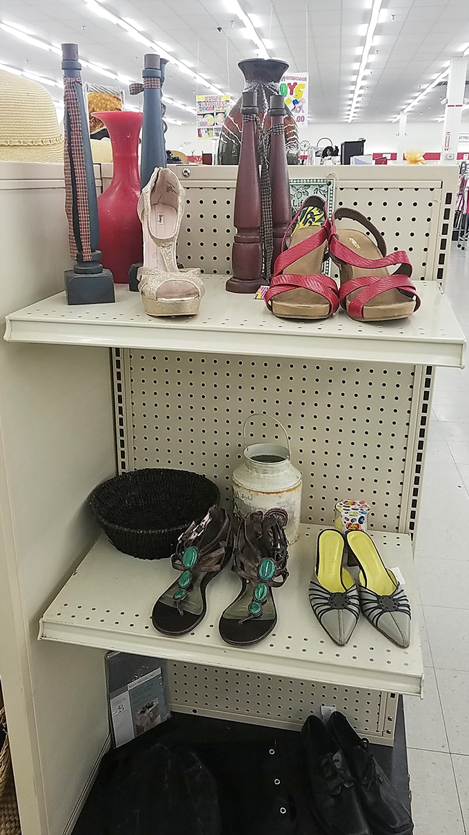 Footwear finds and decorative vases share shelf space in delightful randomness. The thrill of the hunt in its purest form.