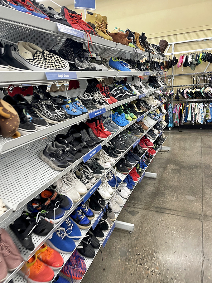 Shoe paradise where barely-worn sneakers and pristine boots line up like hopeful contestants in a "Take Me Home" competition.