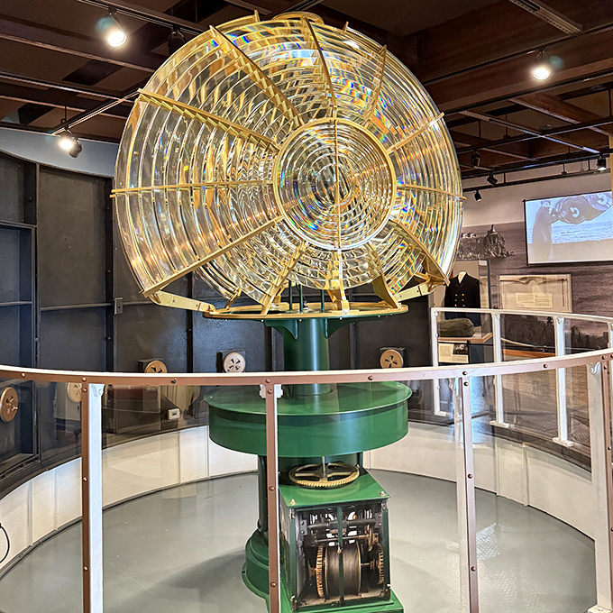 The magnificent Fresnel lens &ndash; a dazzling beehive of precisely arranged glass prisms that could project light 22 miles across the lake. Engineering meets art.