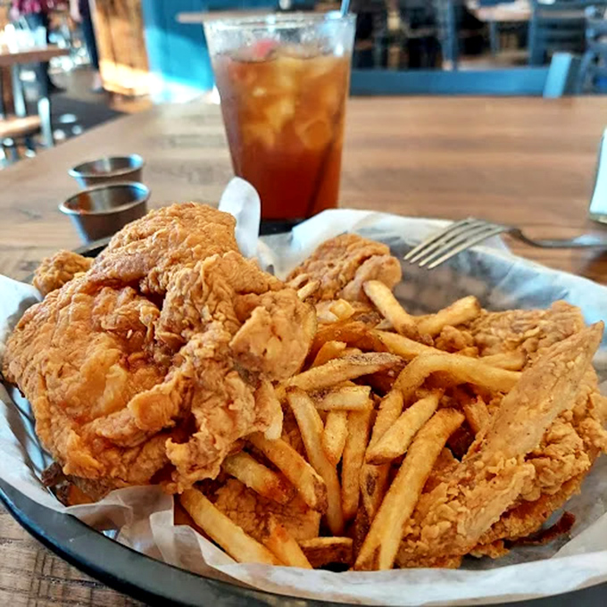 Fried chicken that would make your grandmother both proud and jealous. The golden crust practically audibly crackles through the photograph.