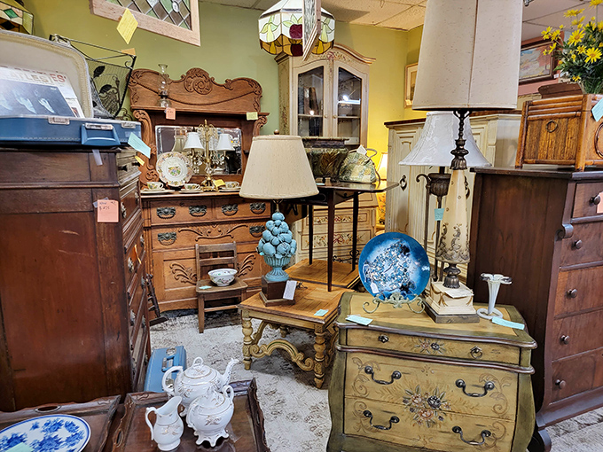 A vignette of vintage furniture that doesn't just fill a room&mdash;it fills it with character, history, and conversation starters galore.