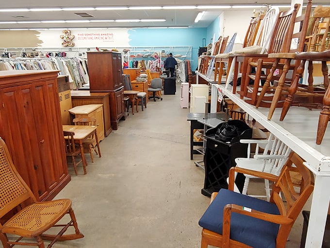 Furniture row: where solid wood craftsmanship of yesteryear meets your modern apartment needs. That rocking chair has stories to tell&mdash;and more to witness.