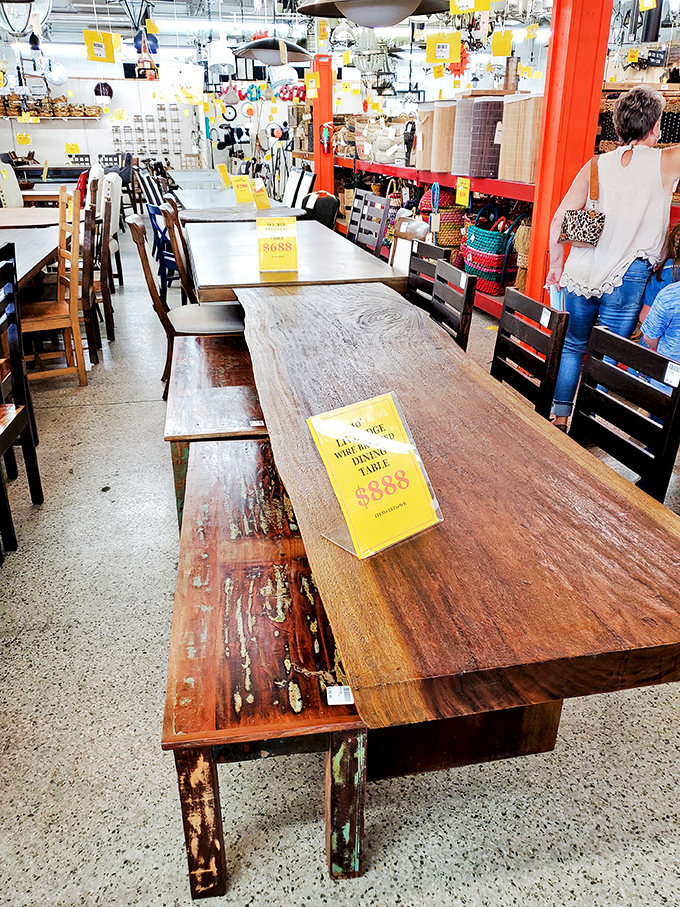 Rustic furniture that looks like it survived several decades and three barn renovations before finding boardwalk retirement glory.