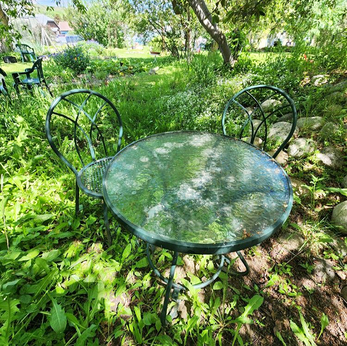 A secret garden table where time slows down, offering the perfect spot to savor your coffee while contemplating absolutely nothing important.