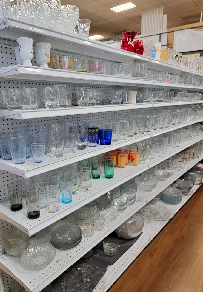 The glassware aisle could stock a mixologist's dreams or a dinner party planner's Pinterest board. Crystal and everyday options coexist beautifully.