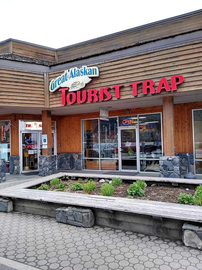 Truth in advertising: The "Tourist Trap" embraces its identity with a wink and a nod to visitors seeking Alaskan souvenirs.