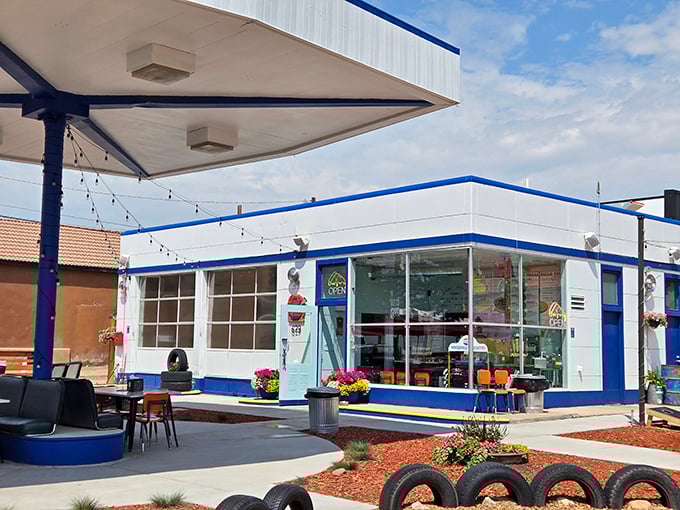 This cheerful blue-and-white exterior promises satisfying meals that won't require you to choose between eating and paying utilities.