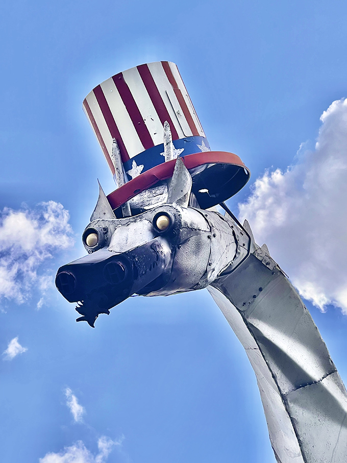 Sporting patriotic headwear, the dragon proves that even mythical creatures can celebrate American spirit with surprising enthusiasm.