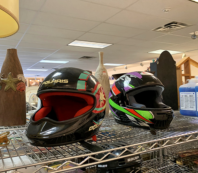 Even snowmobile helmets find second chances here, because adventure doesn't have to cost a fortune to be legitimate. 