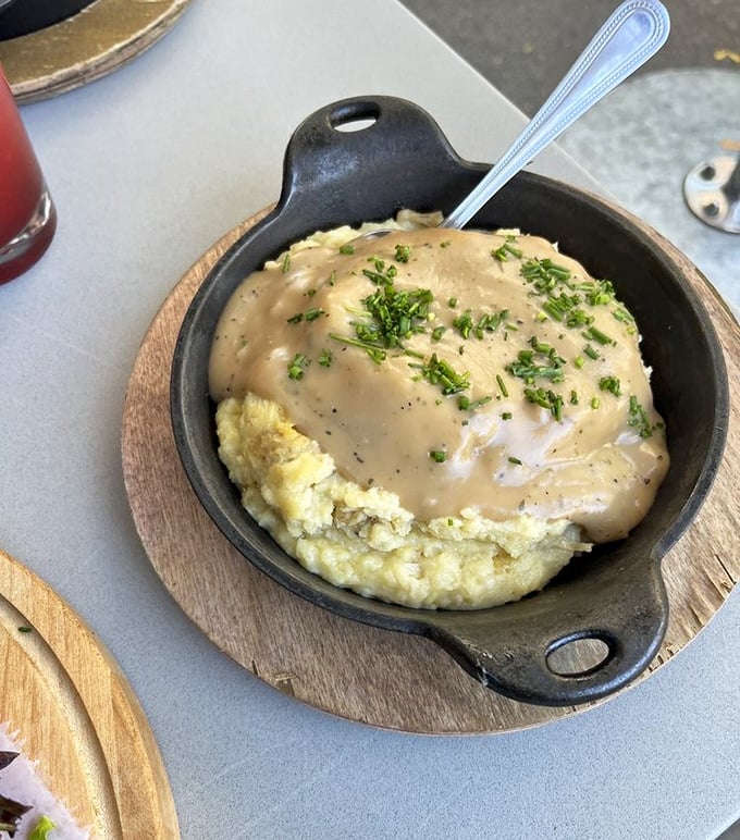 Mashed potatoes wearing a silky horseradish gravy coat&mdash;comfort food that's dressed up for a night on the town.