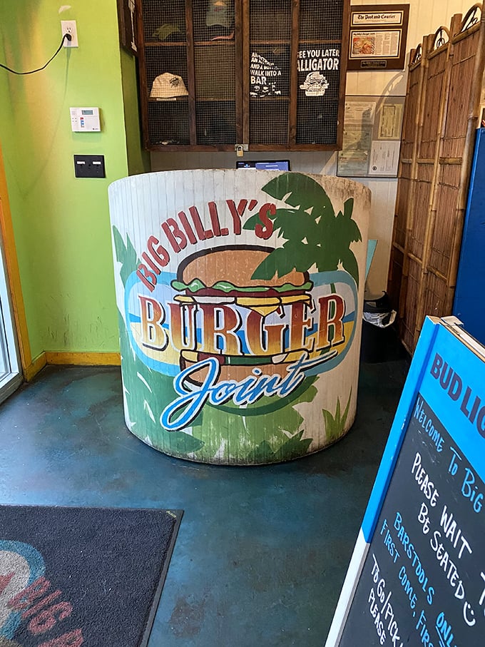 The host stand welcomes you with a hand-painted logo that perfectly captures the laid-back yet serious-about-burgers philosophy.