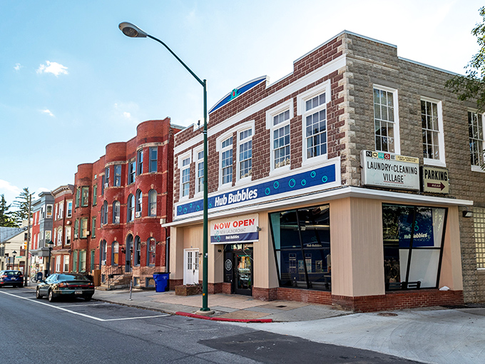 Hub Bubbles brightens the streetscape alongside classic brick rowhouses, showcasing Hagerstown's blend of historic charm and modern convenience.