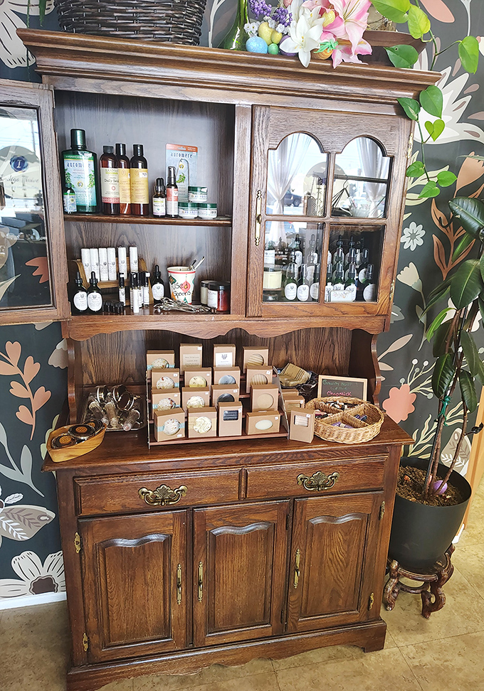 Beautifully arranged natural products in a vintage hutch&mdash;Powell's shops understand that presentation isn't just for big-city boutiques.