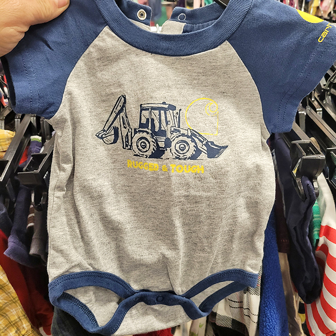 Tiny construction vehicle onesies prove that dressing adorable babies doesn't require taking out a second mortgage on your house.