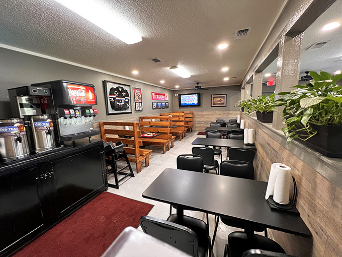 A dining room designed for one purpose: getting seriously good barbecue from plate to mouth with minimal distractions. Function beautifully trumping form.