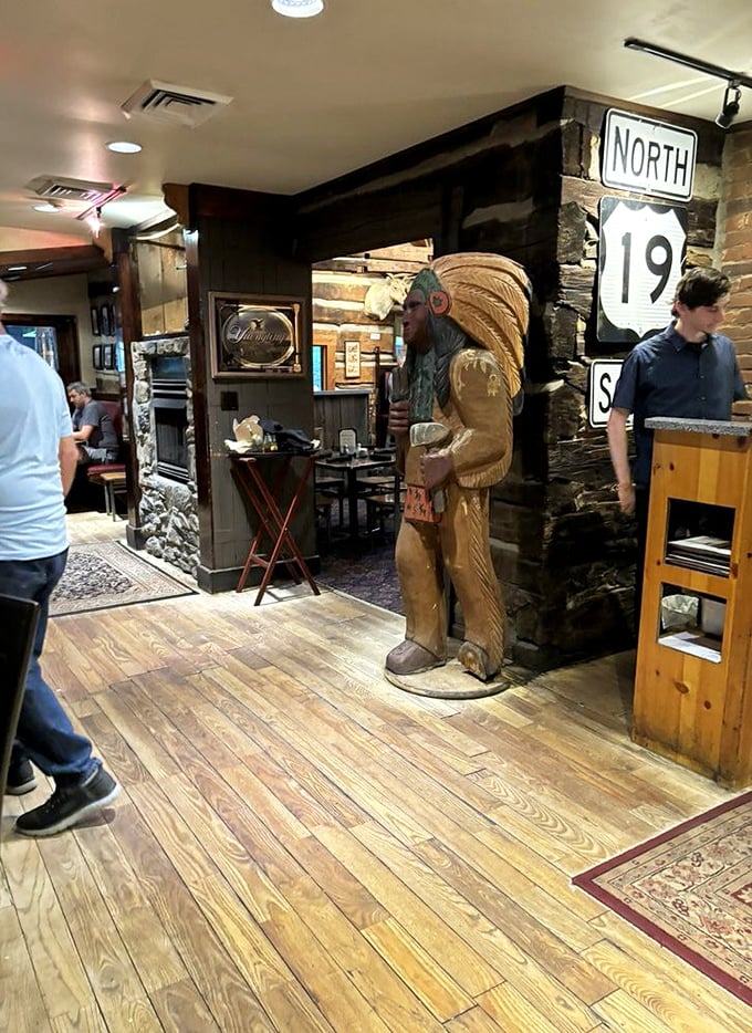 The wooden Native American statue stands guard over diners like a sentinel of good taste. Route 19 signs remind you this is pure Pennsylvania.