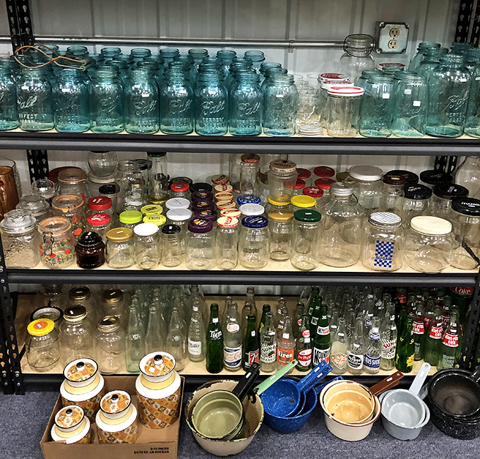 The mason jar collection spans decades of canning history. Grandma would approve of these being rescued from obscurity.