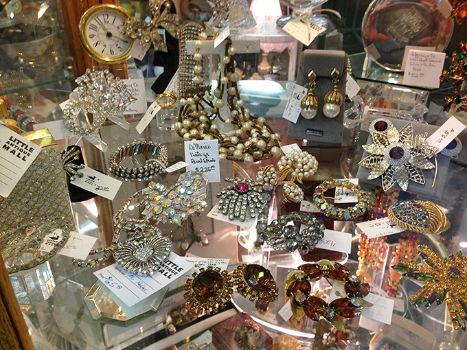 A treasure chest of costume jewelry where someone else's special occasion baubles await their second act on your collar.