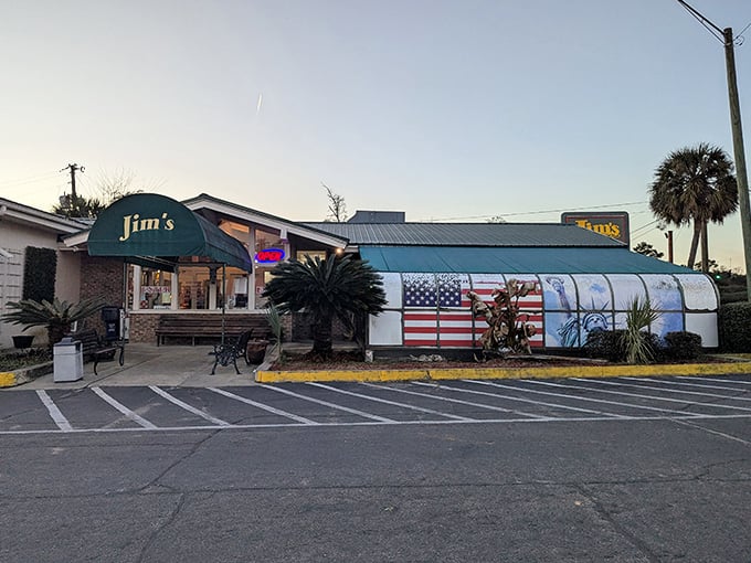 Jim's Buffet & Grill proudly displays its patriotism alongside its all-you-can-eat promise &ndash; a truly American combination.