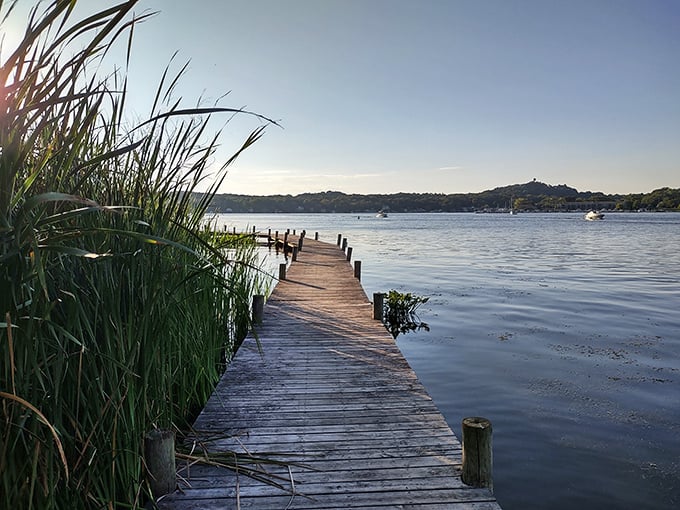 A peaceful dock on Kalamazoo Lake where time moves slower and nobody minds one bit.