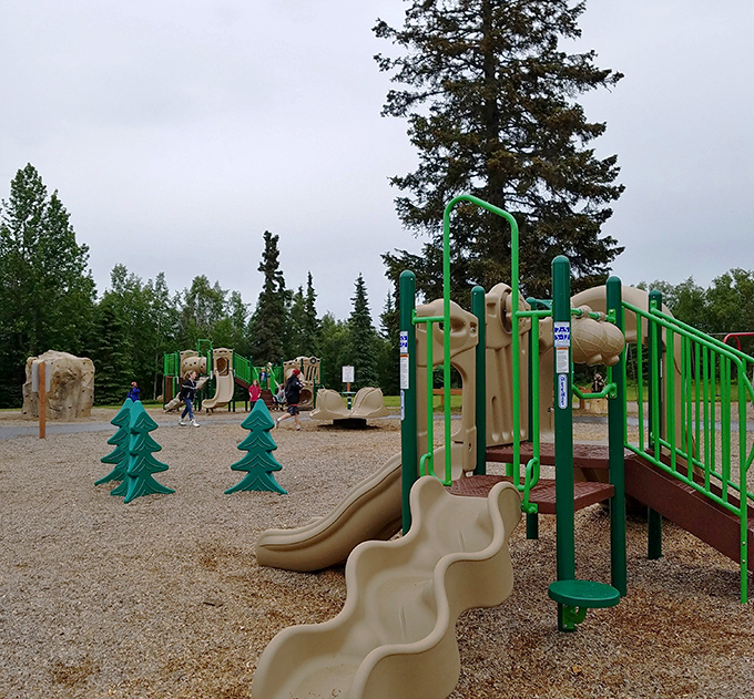 Even the playground equipment in Alaska looks ready for adventure. Those slides have probably seen more excitement than most roller coasters.