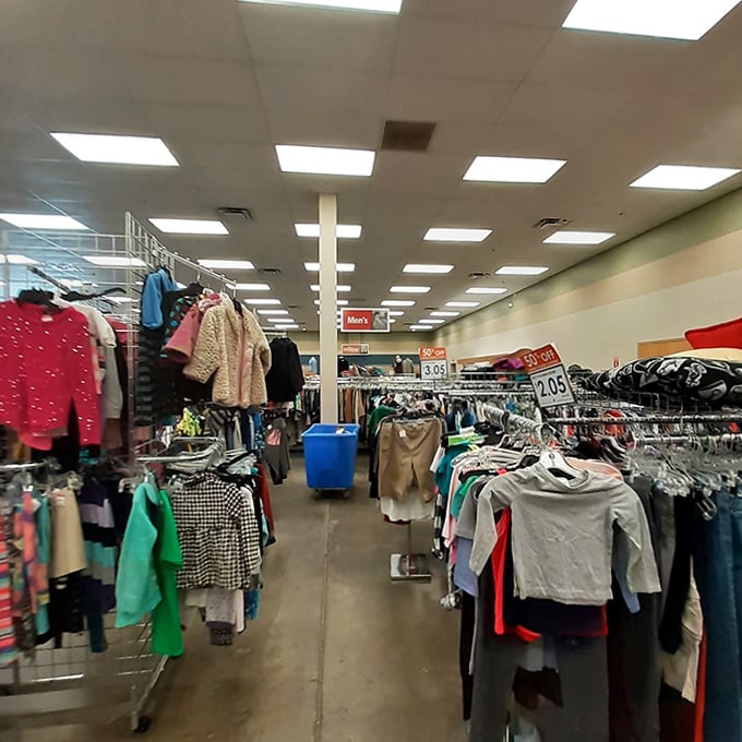 Men's department signs guide shoppers through a labyrinth of potential wardrobe upgrades, from casual tees to unexpected designer finds.